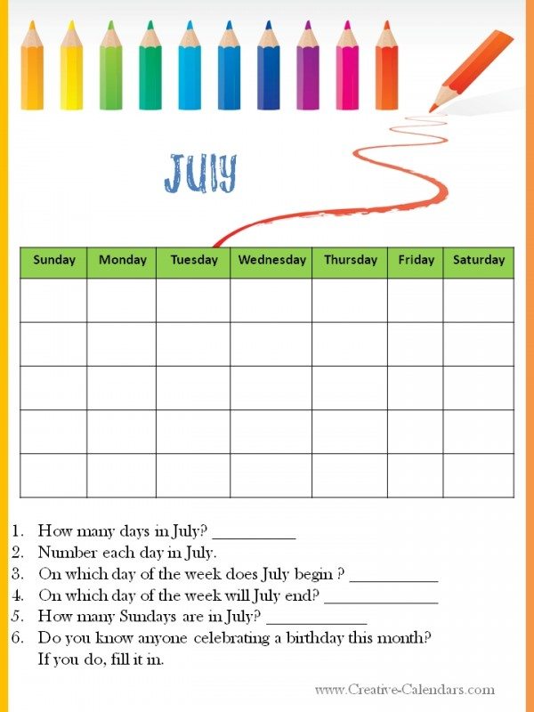 Calendar Worksheets