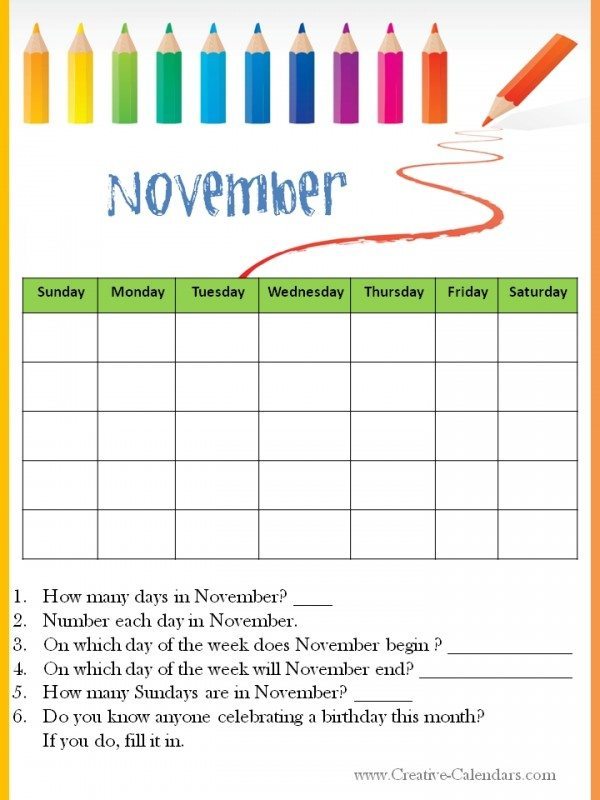 Calendar Worksheets